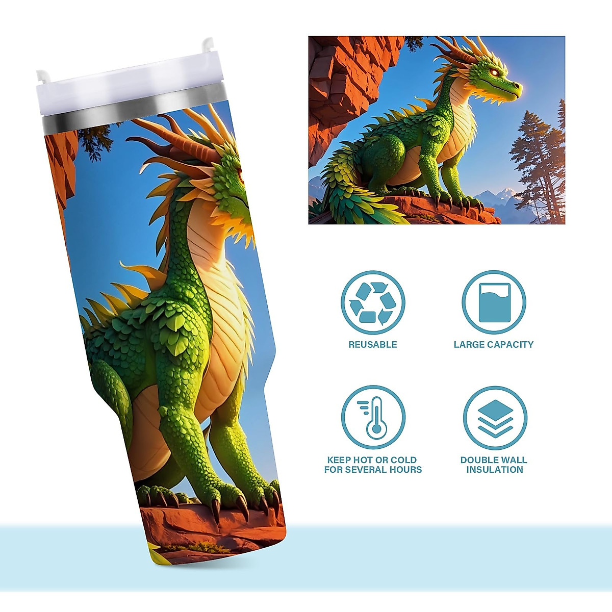 Nexawaveo Cold Cup Dragon under Sky XL Insulated Tumbler with Handle Lid Straw 30-40 oz Reusable Cupholder Friendly Water Bottle