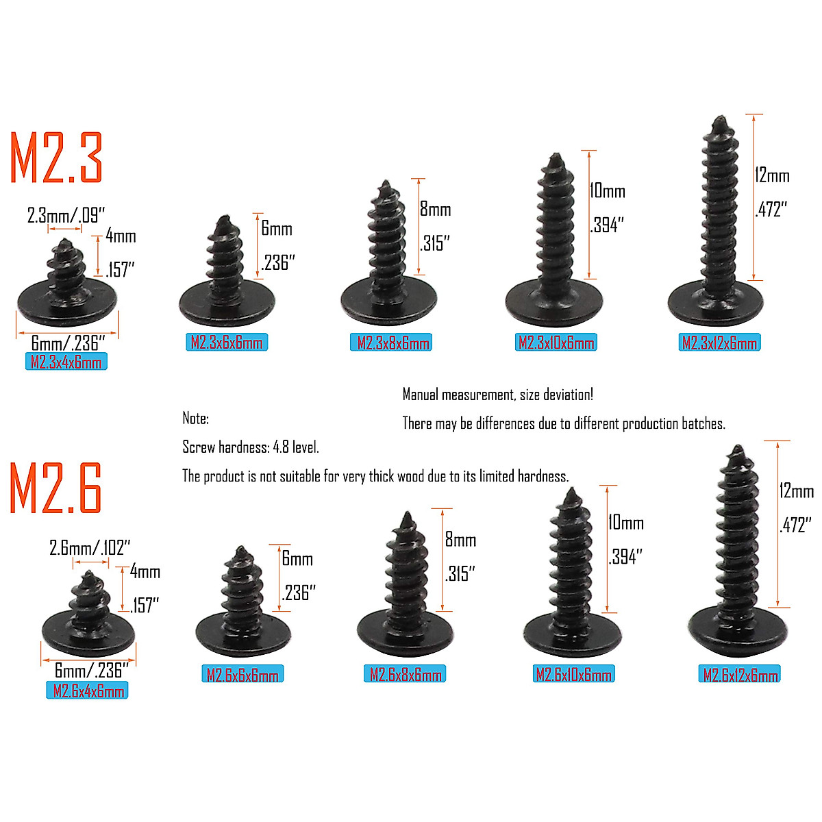 LBY 1000pcs M2.3 M2.6 Truss Head Self Tapping Screws, Wafer Head Screws, Pan Head with Washer Screw 10 Sizes Self Tapping Screws Assortment Kit, Carbon Steel (Blacking)