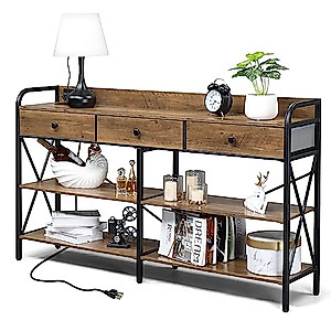 Karl home Console Table with USB Ports and Outlets, Entryway Table Sofa Table TV Stand with 3 Fabric Drawers 3 Tiers Storage Shelves, Industrial Entry Desk for Living Room Couch Hallway Vintage Brown