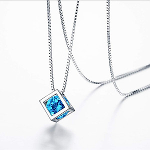 Aurora Tears Birthstone March Necklaces Women 925 Sterling Silver Crystal 3D Cube Mar. Birth Stone Pendant Cubic Zirconia Birthday Pendant Charm Dating Gift Jewelry DP0028M