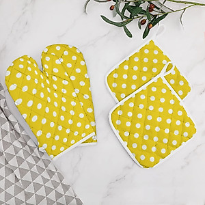 4PCS Oven Mitts Glove Kitchen Heat Resistant Pot Holders Set Lemon Yellow Polka Dot Pattern Kitchen Microwave Oven Gloves Mitts Anti-Scald Baking Cooking Gloves