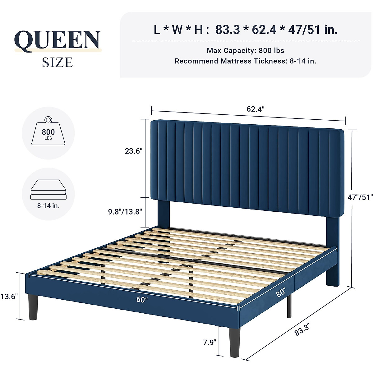 Allewie Queen Bed Frame, Velvet Upholstered Platform Bed with Adjustable Vertical Channel Tufted Headboard, Mattress Foundation with Strong Wooden Slats, Box Spring Optional, Easy Assembly, Blue