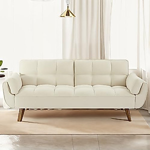 Fangflower Convertible Sofa Bed, Velvet Fabric Adjustable Backrest Sleeper Futon Loveseat with Tapered Wood Legs for Living Room, Bedroom, Apartment Lounge, Garage