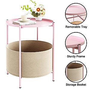 Fixwal Round Side Table, Bedside Table, Pink Nightstand, Metal Side Table with Fabric Storage Basket, Small End Table with Removable Tray, Dresser for Kids Bedroom, Nursery, Laundry