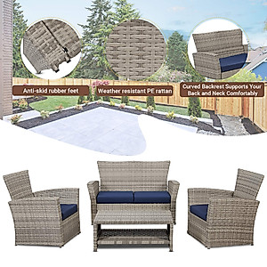 Laurel Canyon Outdoor Patio Furniture 4 Piece Wicker Conversation Sets, Rattan Loveseat and 2 Chairs with Cushions Coffee Table for Porch Deck, Grey