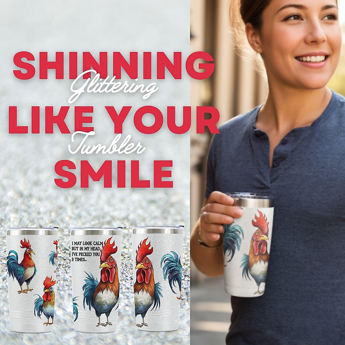 Onebttl Rooster Gifts for Men, Women, Funny Rooster Glitter Coffee Mug Tumbler for Coworker, Friends, I've Pecked You 3 Times, Stainless Steel Tumbler 20oz