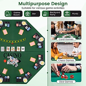 Giantex 48" Poker Table Top, 8 Player Foldable Texas Holdem Poker Mat Layout w/Carrying Bag, Cup Holders, Chip Trays, Portable Anti-Slip Blackjack Octagonal Poker Table Topper for Card Casino Game