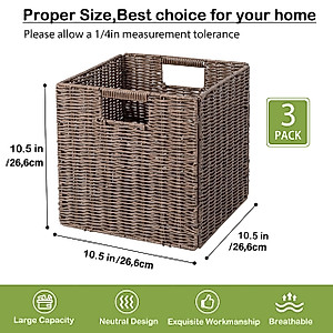 Brown Wicker Storage Basket, 10.5x10.5 Cube Woven Wicker Storage Basket for Shelves, Set of 3 Square Baskets for Shelf, Storage Cube Bins, Wicker Cube Baskets Foldable