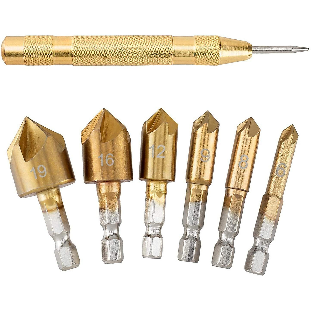 PAGOW Countersink Drill Bit Set- 7 Pcs Counter Sinker Drill Bits for Wood, Quick Change, 1/4'' Hex Shank, High Speed Steel, 6 Flute 90 Degree Center Punch Tool, 1/4''-3/4''