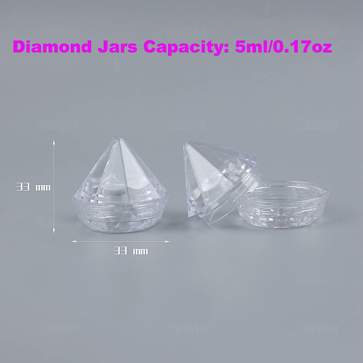 AUEAR, 50 Pack Diamond Shaped Clear Jars 5 ML Empty Refillable Cosmetic Small Jar Makeup Container with Lids Sample Trial Case Storage Box for Party Favors Decor