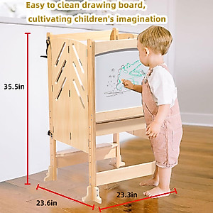 Foldable Toddler Kitchen Step Stool with 5-Level Height Adjustment，with Keeper and Graffiti Drawing Board .Wooden Toddler Tower for Toddlers Over 18 Months Old .（Natural）