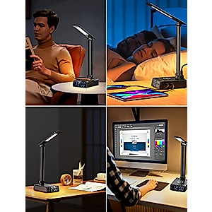 LED Desk Lamp with 15W Wireless Charger, 2 USB Charging Ports, 2 Outlets, 3 Brightness Levels, Alarm Clock, Dimmable Eye Caring Reading Desk Light for Home Office dorm, Touch Control Table Lamp, Black