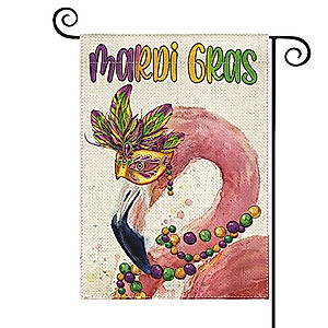 AVOIN colorlife Mardi Gras Flamingo Garden Flag 12x18 Inch Double Sided, Masquerade Beads New Orleans Carnival Yard Outdoor Decoration