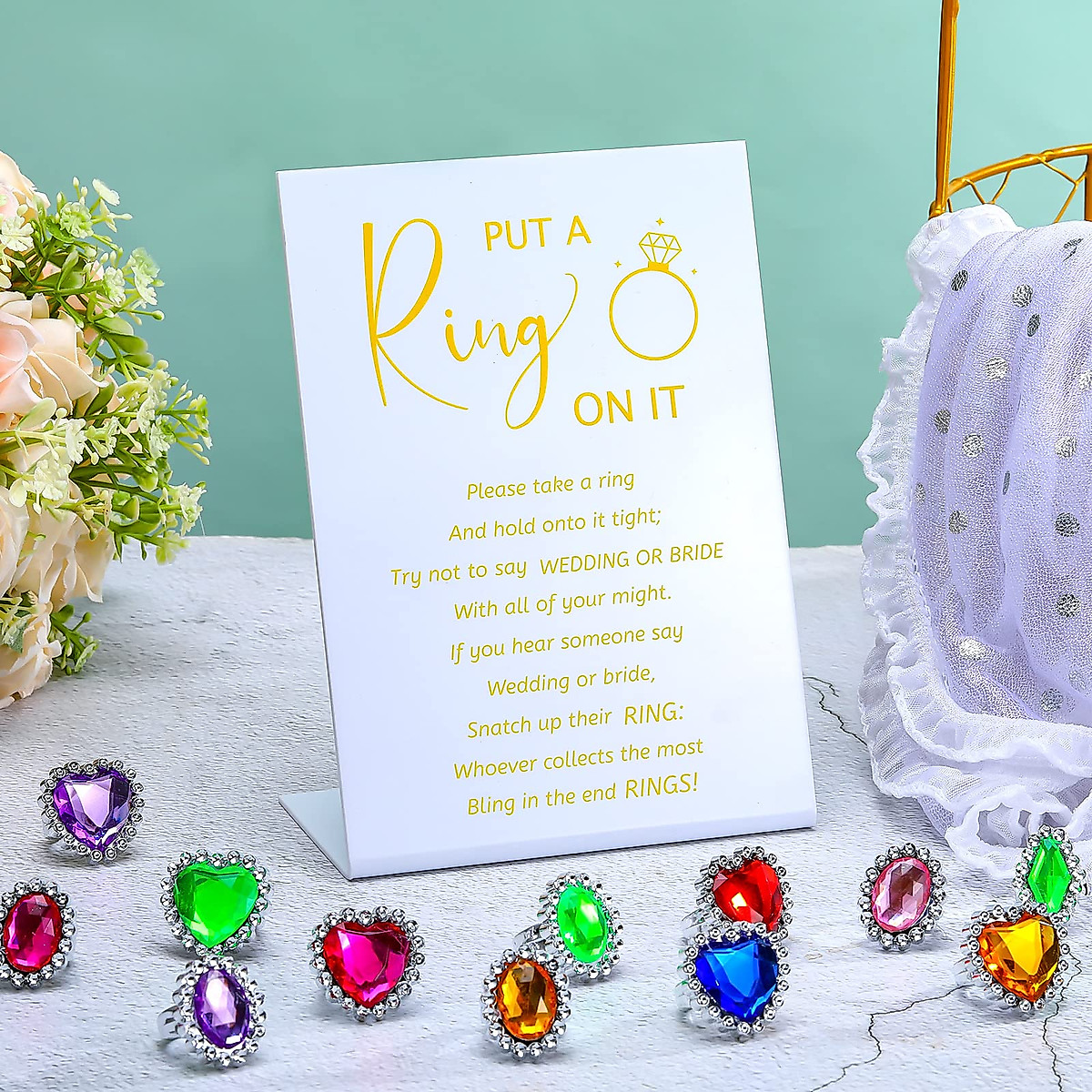 Woanger Put a Ring on It Game with 100 Pcs Fake Rings, Plastic Rings for Bridal Shower Game, Acrylic Sign for Guests Engagement Wedding Decoration