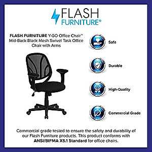 Flash Furniture Y-GO Office Chair Mid-Back Black Mesh Swivel Task Office Chair with Arms