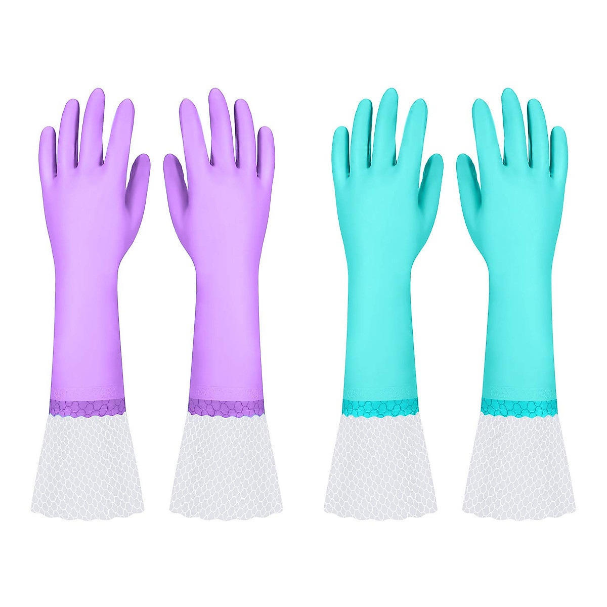 Elgood Reusable Long Dishwashing Cleaning Gloves with Latex Free, Long Cuff,Cotton Lining,Kitchen Gloves 2 Pairs,Purple+Blue Large