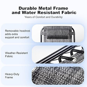 Nazhura Set of 2 Relaxing Recliners Patio Chairs Adjustable Steel Mesh Zero Gravity Lounge Chair Beach Chairs with Pillow and Cup Holder(Grey)