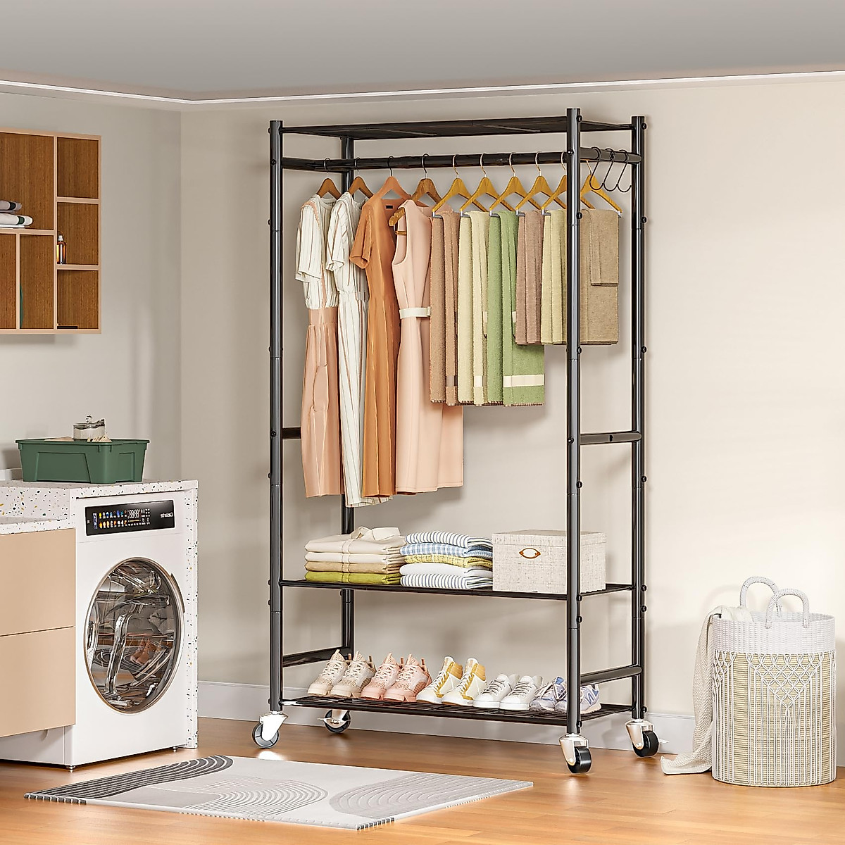 Neatrays Rolling Clothes Rack for Hanging Clothes,Heavy Duty Garment Rack with 3 Tier Wire Shelves,Freestanding Portable Clothing Rack Wardrobe Rack, Black