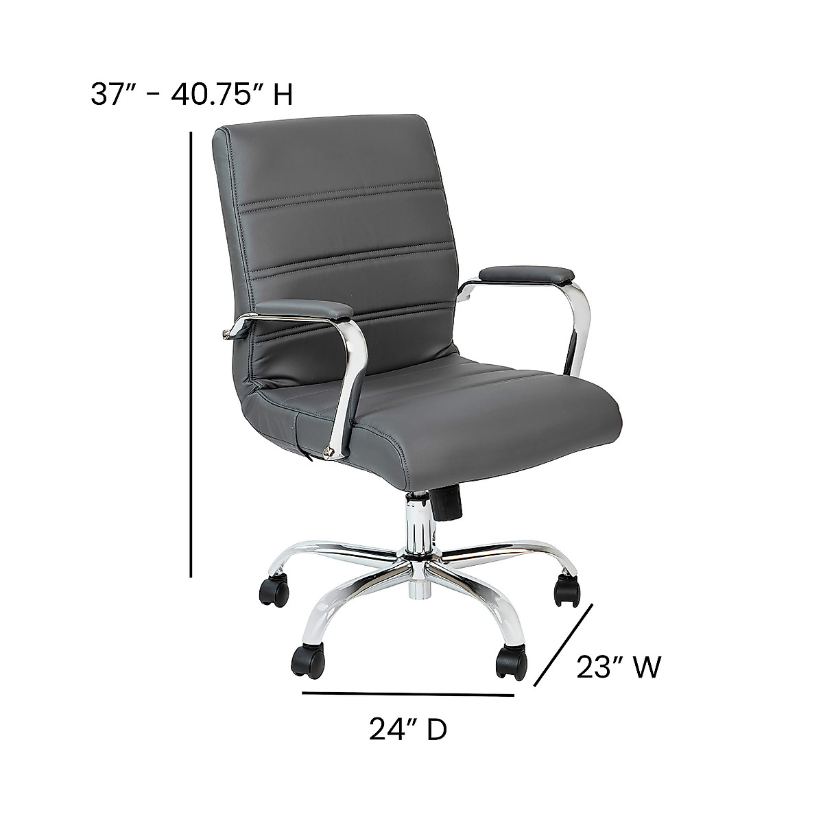Flash Furniture Whitney Mid-Back Swivel LeatherSoft Desk Chair with Padded Seat and Armrests, Adjustable Height Padded Office Chair, Gray/Chrome