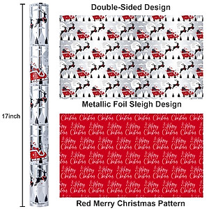 MAYPLUSS Reversible Christmas Wrapping Paper - 17 Inch X 33 Feet - Creative Red Santa Claus Riding a Sleigh Delivering Presents with Metallic Foil Design Winter Gift Wrap Paper for Holiday, New Year