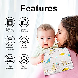 KOROTUS Muslin Burp Cloths Washcloths Face Towels 5-Pack Extra Large 10 X 20 Inch of Baby Burp Cloths 100% Organic Cotton 6 Layers Soft