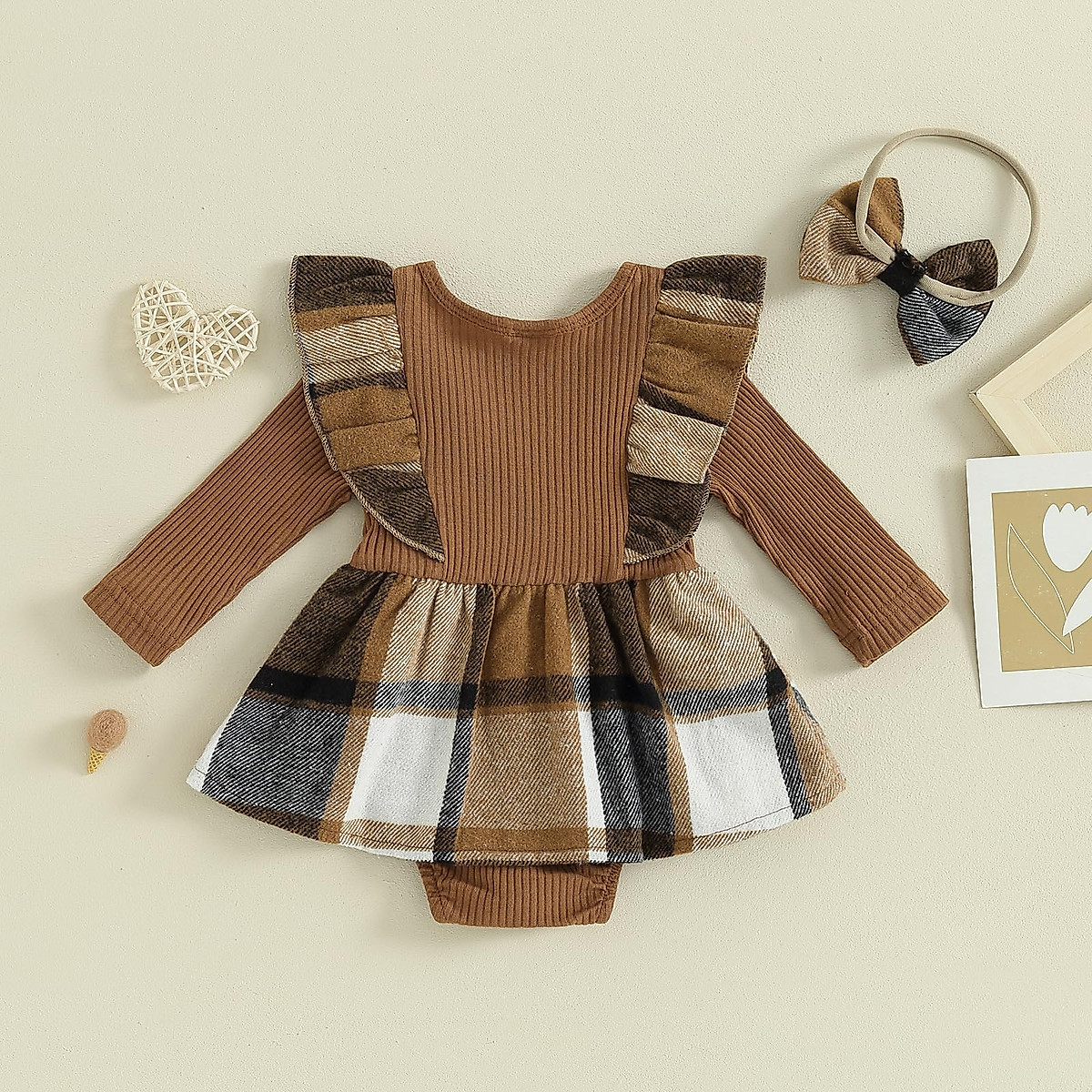 Newborn Baby Girl Fall Winter Outfit Set Plaid Romper Dress Ruffles Long Sleeve Clothes Jumpsuit with Bow Headband (Brown #3, 0-3 Months)