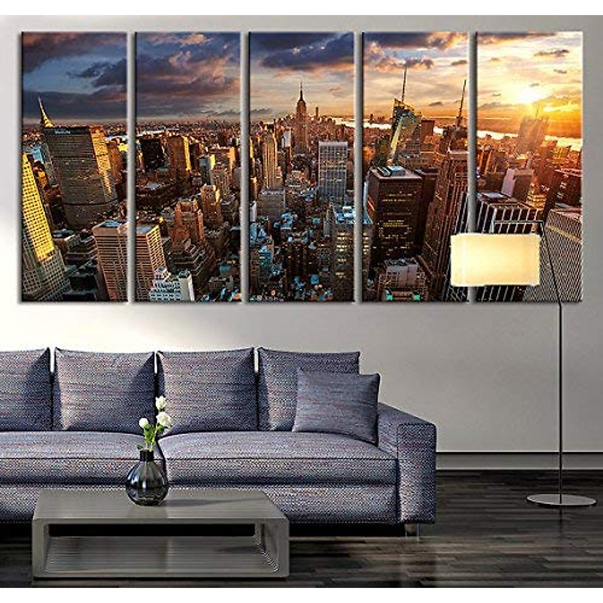 ART New York Sundown Canvas Print, Large Wall City Landscape, Extra Large Cityscape Big Apple New York Wall Print - 60x32 Inch Total