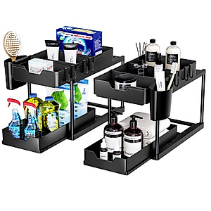Puricon 2 Pack Under Sink Organizers and Storage 2-Tier Double Sliding Pull-out Drawer, Under the Sink Organizer Kitchen Multi-purpose Under Bathroom Sink Shelf Storage Rack for Cabinet -Black