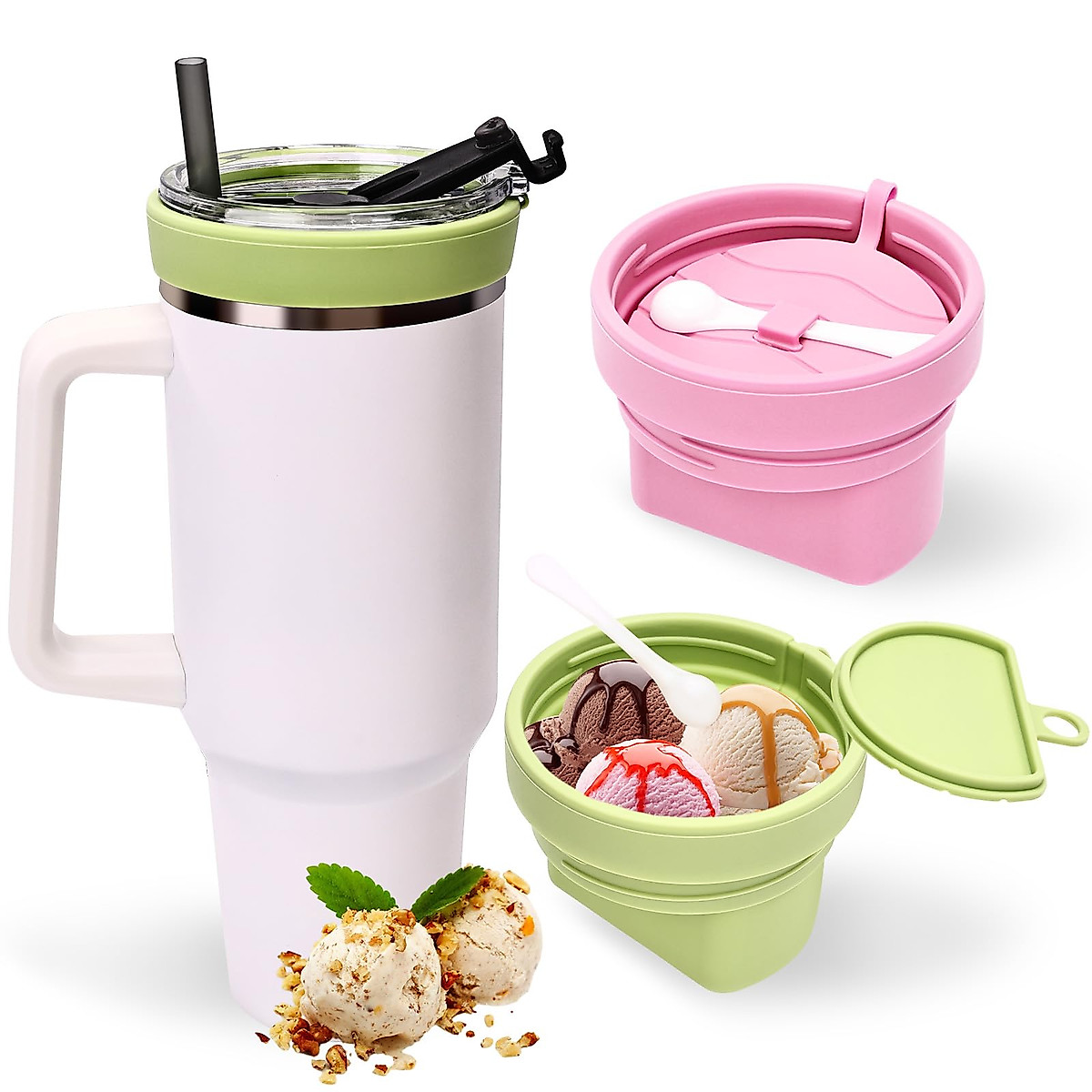 Silicone Ice Cream Cup with Lids for Stanley Cup Accessories 40 oz, Ice Cream Containers for Homemade Ice Cream with Spoons, Reusable Freezer Storage Tubs for Ice Cream, Sorbet (2 PCS, Pink & Green)