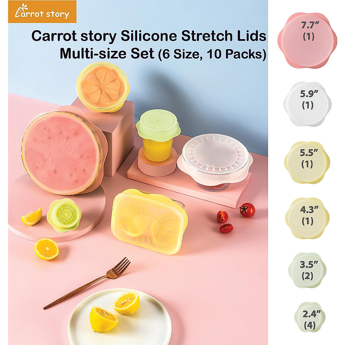 Carrot story Silicone Reusable Stretch Lids, Multipack of 10, BPA Free Reusable Stretch lids for Food Cans, Jars, Bowls, Fruits, and Vegetable, Microwave and Freezer Compatible