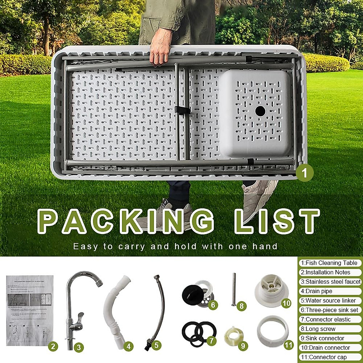 PMSW FCT01 Fishing Cleaning Table with Sink, Portable Folding Camping Sink Table Fish Fillet Table with Sink Faucet for Picnic Camping Gardening Kitchen, White