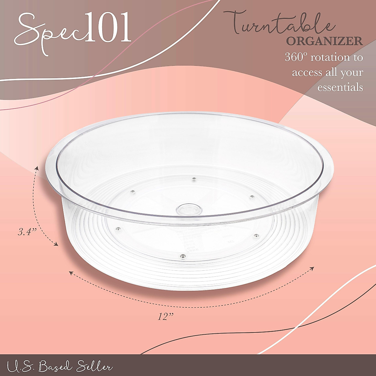Spec101 Cabinet Lazy Susan Turntable Organizer - 1pc Clear Pantry Lazy Susan Kitchen Turntable 360 Degree Rotation Table