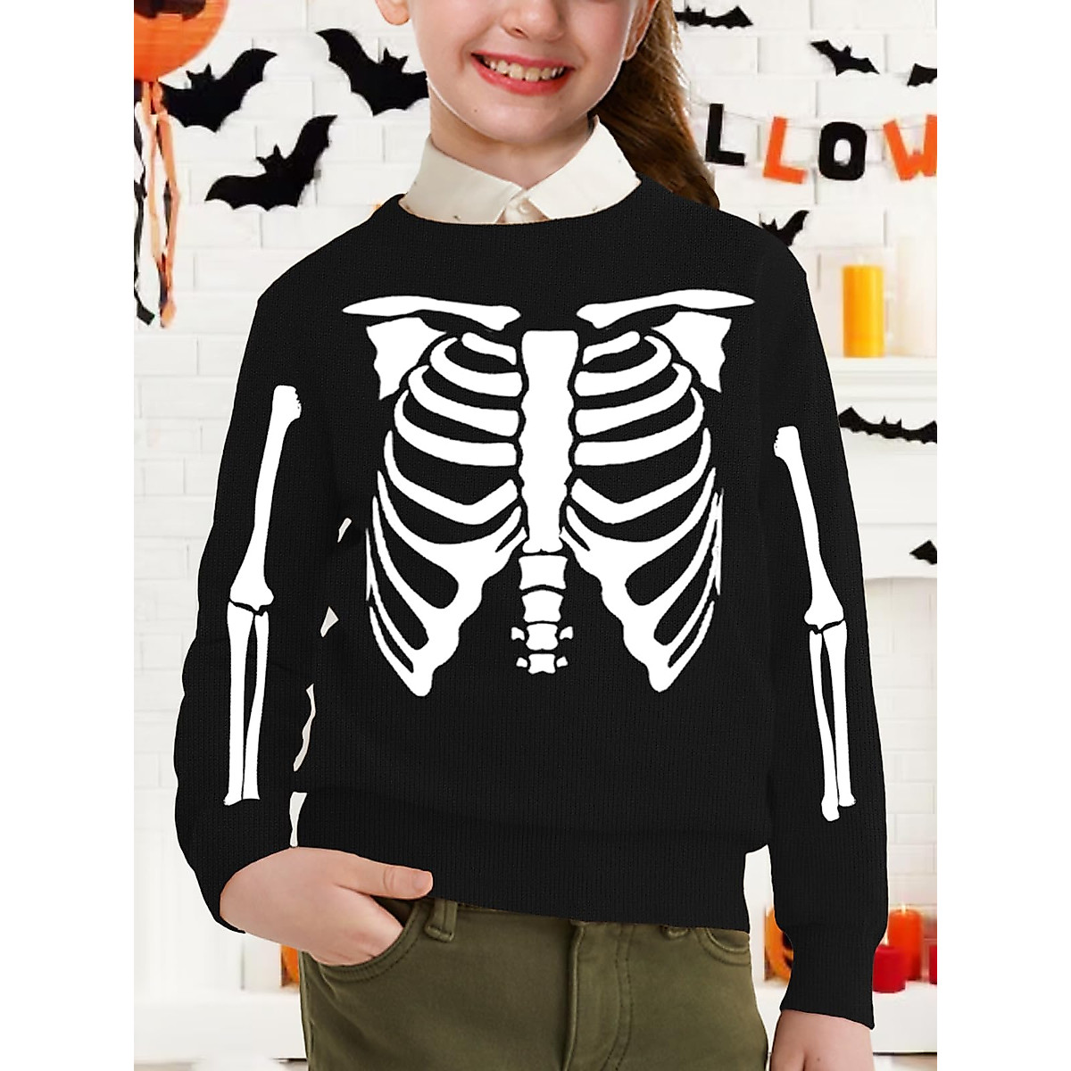 Remimi Skeleton Sweater Halloween Crewneck Spooky Top Cozy Warm Sweatshirt Black 13-14 Years
