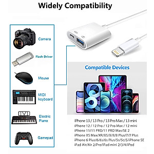 Apple Lightning to USB Camera Adapter with Charging Port, USB 3.0 OTG Cable for iPhone/iPad to Connect Card Reader, USB Flash Drive, U Disk, Keyboard, Mouse, Hubs, MIDI, Plug & Play