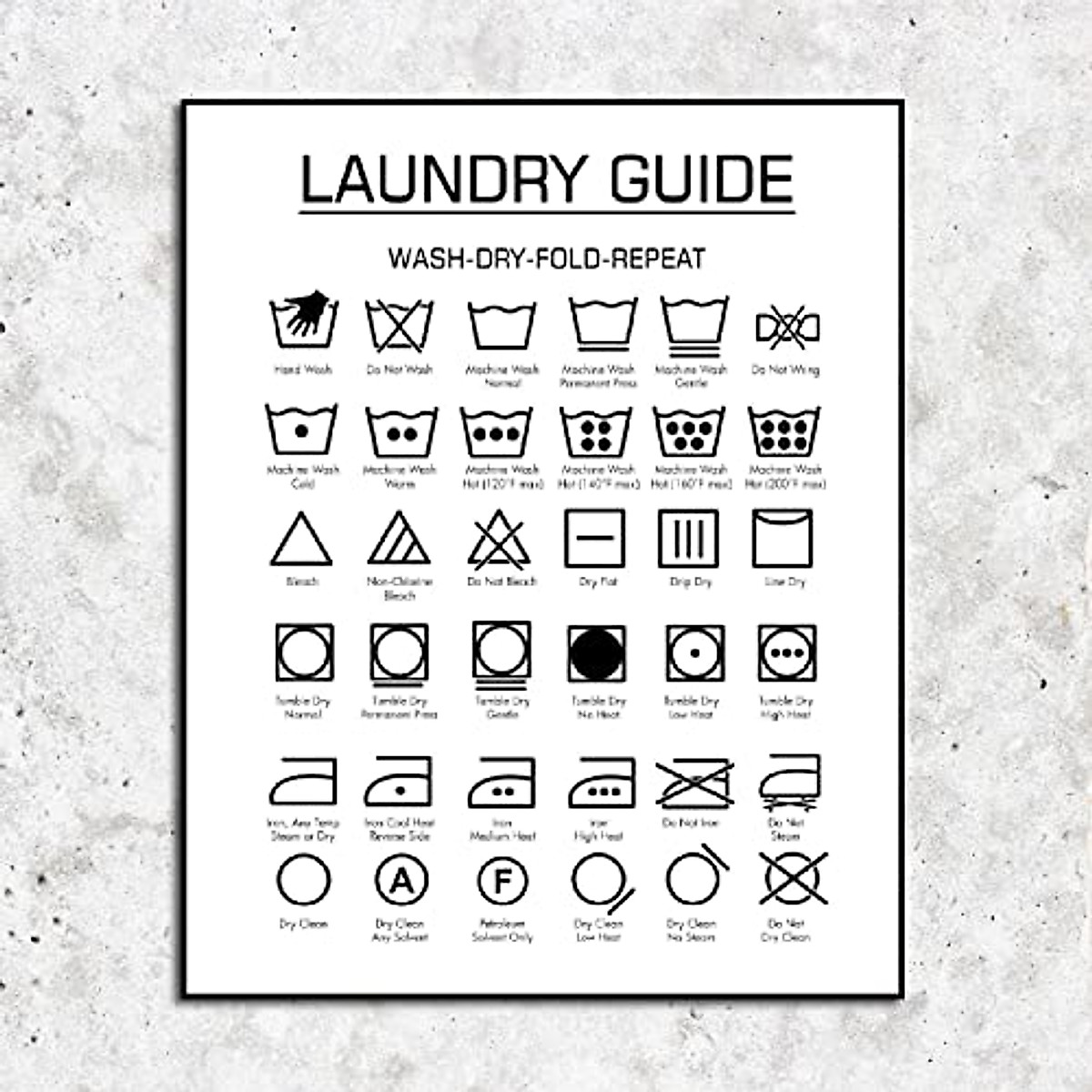 Laundry Wash Symbols Print Wall Art Laundry Symbols Guide Sign Art Farmhouse Wood Laundry Room Decor Wall Art Frame NOT INCLUDED (8X10inches)