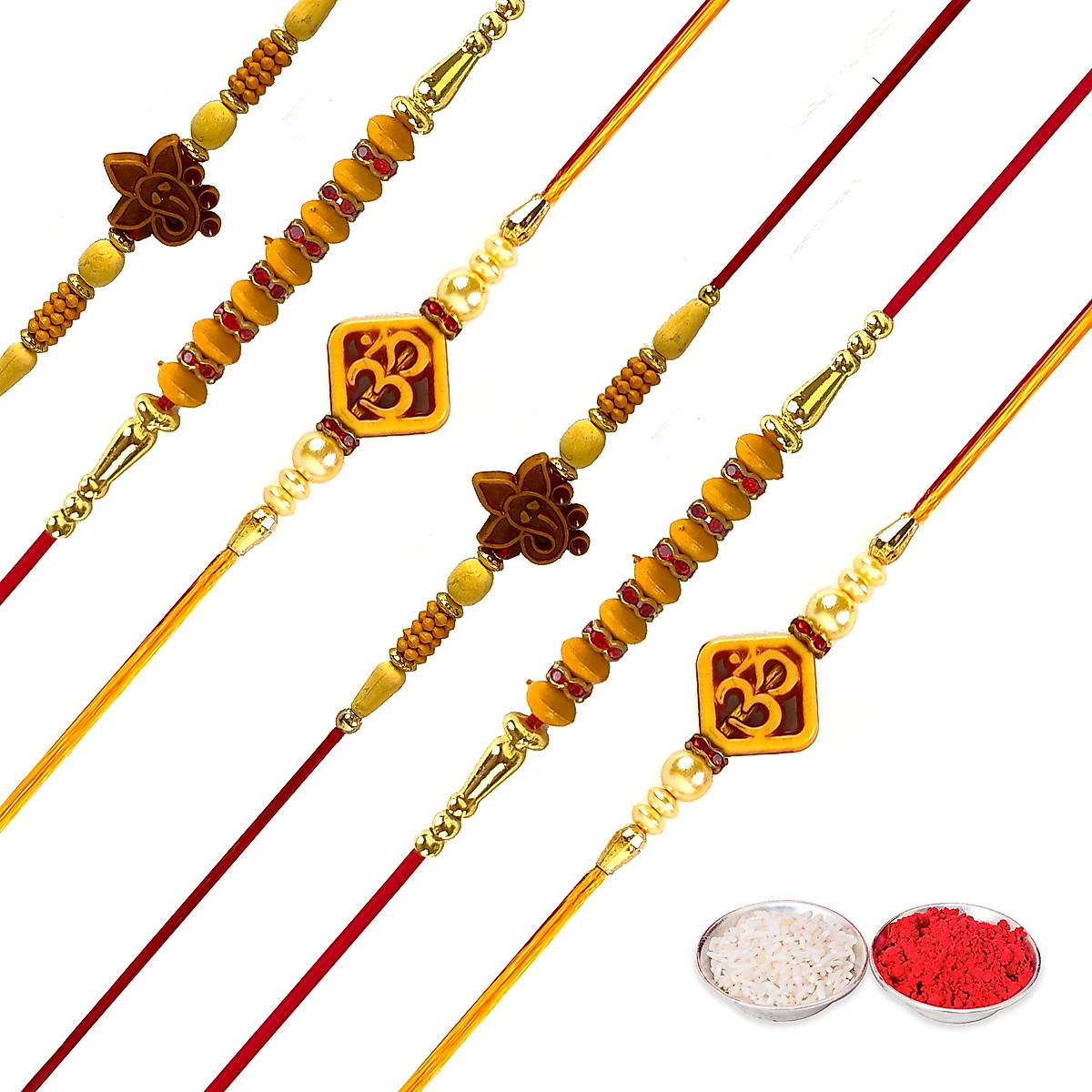 CRAFTONE Set of 6 Om & Ganesha Design Traditional Rakhi for Brother, Designer Rakhi Set for Raksha Bandhan, Moti Beads Rakhi Thread Bhaiya Bhabhi Sister Rakhi Band for Rakshabandhan with Roli Chawal