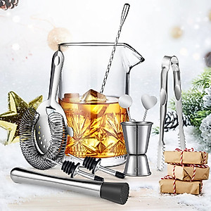 Cocktail Mixing Glass, veecom 18oz Mixing Glass 10 Piece Old Fashioned Kit, Cocktail Mixing Glass Set Bartender Kit with Cocktail Strainer, Muddler, Spoon, Jigger, Ice Tongs, Picks, Pourers, Bar Set