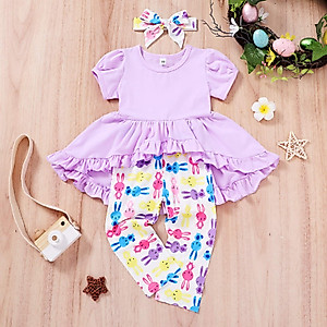 YOUNGER TREE Toddler Baby Girl Easter Outfits Ruffle Tops Dress Cartoon Rabbit Print Long Floral Pants Cotton Clothes Set (4-5T, Purple top dress+rabbit floral pants)