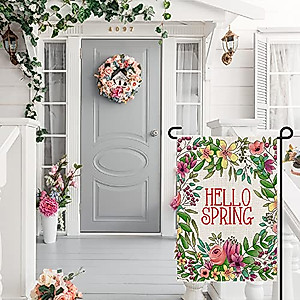 Hello Spring Floral Garden Flag 12x18 Inch Double Sided Burlap Outside, Seasonal Yard Farmhouse Outdoor Decor DF230