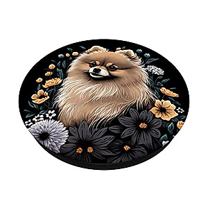 Pomeranian Puppy Dog with Flowers Floral Art Painting Black PopSockets Swappable PopGrip
