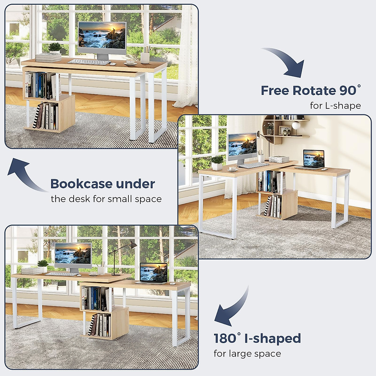 IULULU Computer Desk, 360° Rotating Corner L Shaped Table with Storage Shelves, Home Office Study Writing Workstation Space-Saving