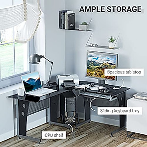 HOMCOM L-Shaped Corner Computer Desk Gaming Table Home Office Workstation Glass Top P2 MDF with Keyboard Tray - Black