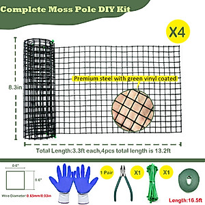 chicarry Moss Pole DIY Kit, Metal Moss Pole for Plants Monstera, 4Pcs 8.3in×3.3ft Steel Moss Pole Mesh with Plier, Cable Ties, Max 7Pcs 23" Sphagnum Moss Pole (13.2FT Wire Mesh with Plier)