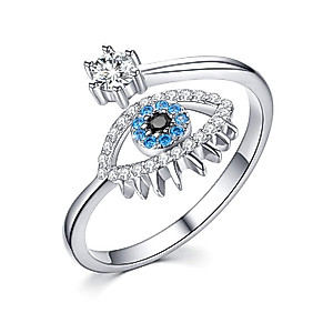 JUSTKIDSTOY Sterling Silver Evil Eye Ring Open Rings Adjustable Openable for Women (Silver)