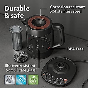 Hot Tea Maker Electric Glass Kettle with tea infuser and temperature control. Automatic Shut off. Brewing Programs for your favorite teas and Coffee.