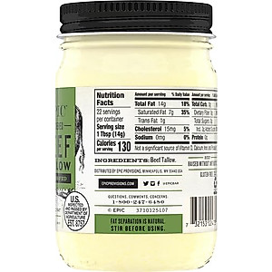 EPIC Beef Tallow, Grass-Fed, Keto Friendly, Whole30, 11oz Jar