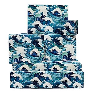 CENTRAL 23 Blue Wrapping Paper - 6 Sheets of Birthday Gift Wrap - Japanese Great Wave Inspired - Ocean Themed - For Kids Men Women - Recyclable