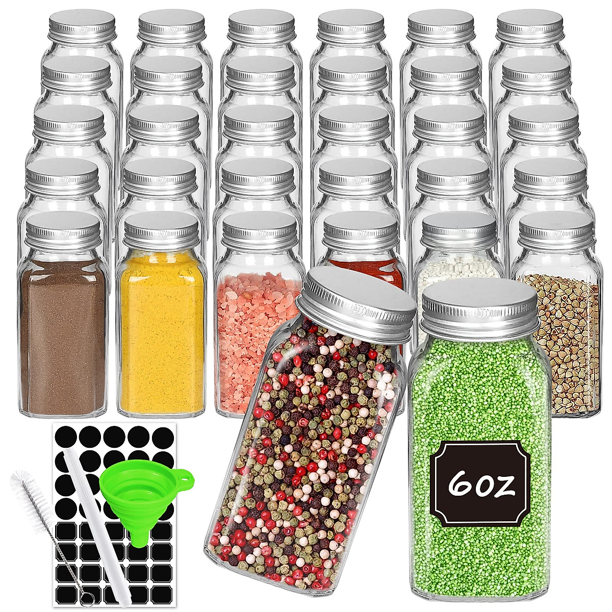 DHSBTLS 6oz Glass Spice Jars with Labels 30 Pcs, Empty Square Spice Bottles with Shaker Lids and Airtight Metal Caps,Chalkboard Marker and Silicone Collapsible Funnel Included