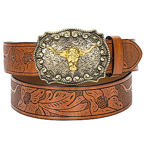 HinyBoeh Western-PU-Leather-Belts for Men and Women Cowboy-Cowgirl Longhorn-Bull-Pattern-Engraved-Buckle-Belt for Unisex