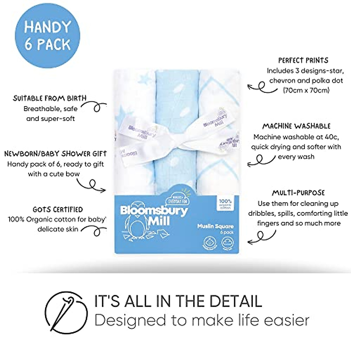 Bloomsbury Mill - Pack of 6 Super Soft Muslin Receiving Blankets - 100% Certified Organic Cotton in Gifting Ribbon Stars, Chevrons & Polka Dots Designs - Blue & White - 28" x 28"